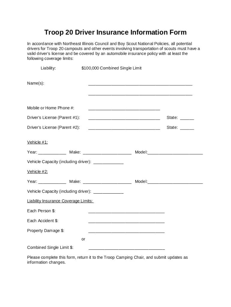 Troop 20 Driver Insurance Ination Doc Template | pdfFiller