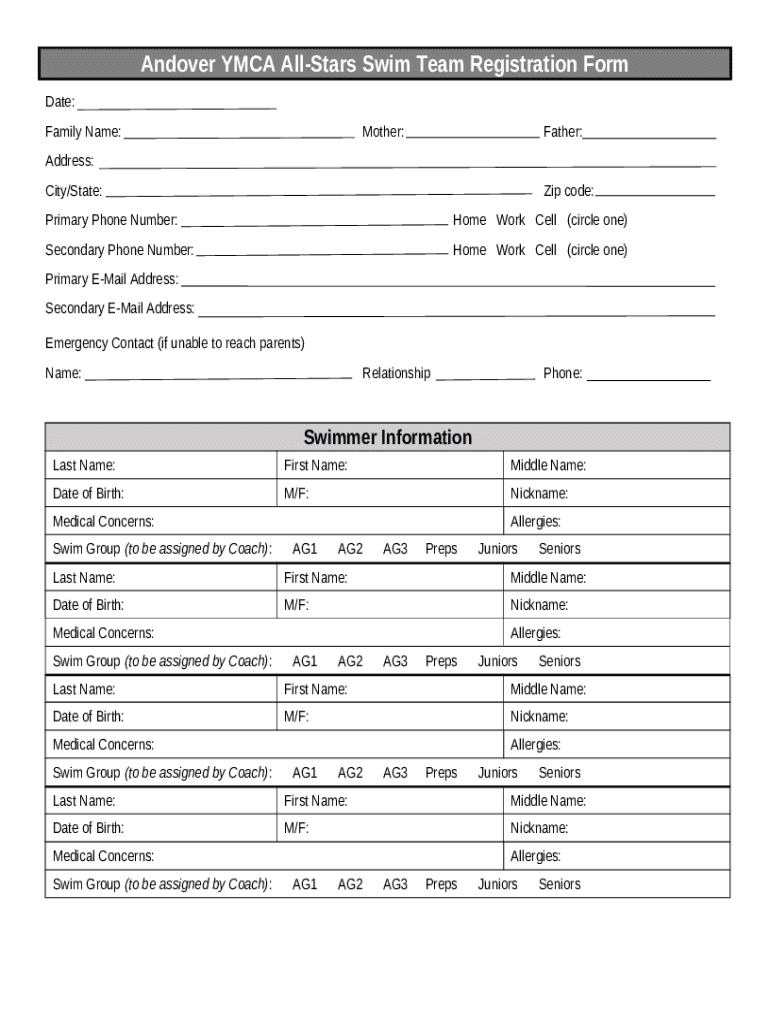 Andover YMCA All-Stars Swim Team Registration Doc Template | pdfFiller