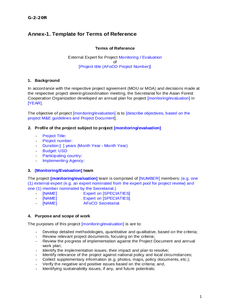 FAO Office of Evaluation Template for Terms of Reference Doc Template | pdfFiller