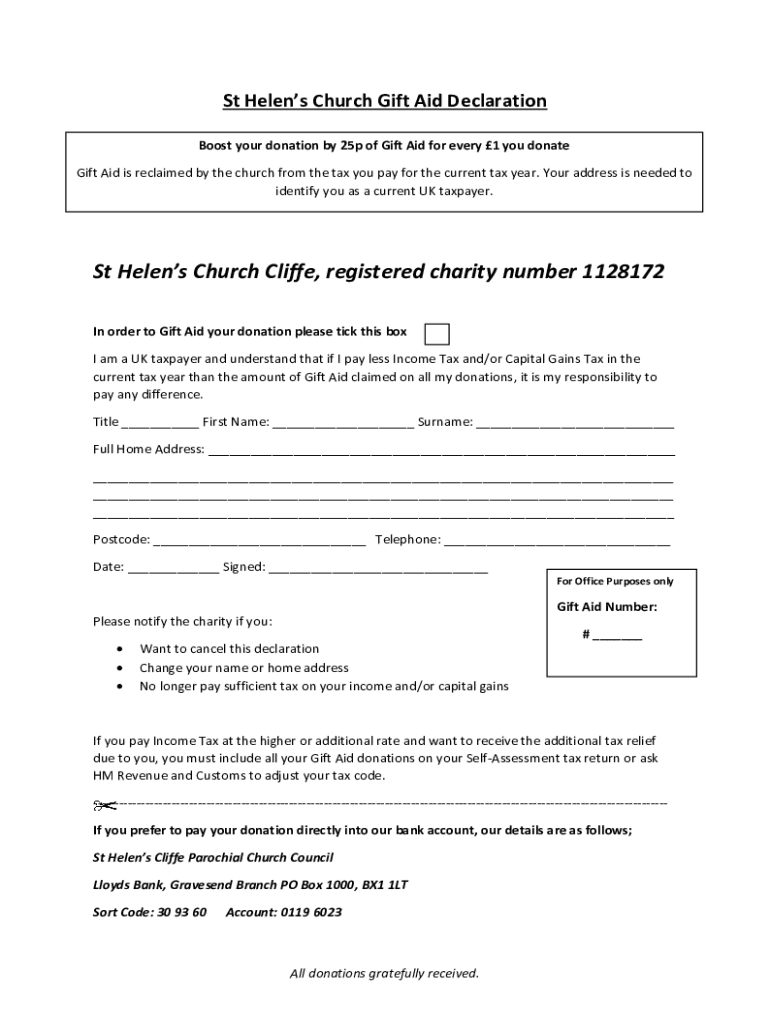 Fillable Online Gift Aid Declaration Form - (...for donations to an ...