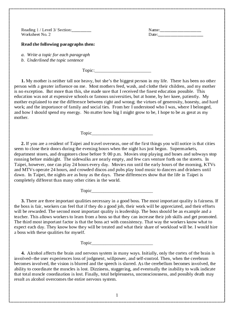 Topics, Main ideas, and Topic sentences Doc Template | pdfFiller