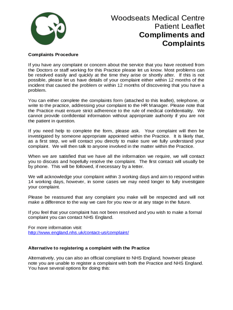 Complaints and complimentsWoodseats Medical Centre Doc Template | pdfFiller