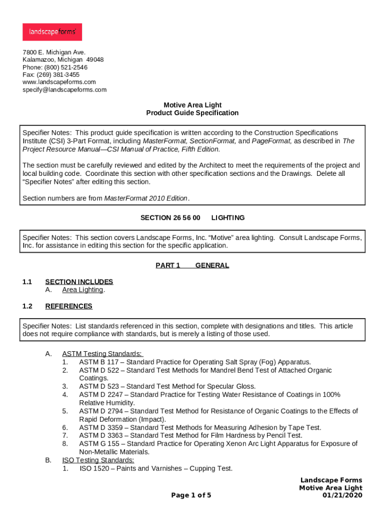 Motive Area Light. Guide Specification Doc Template | pdfFiller