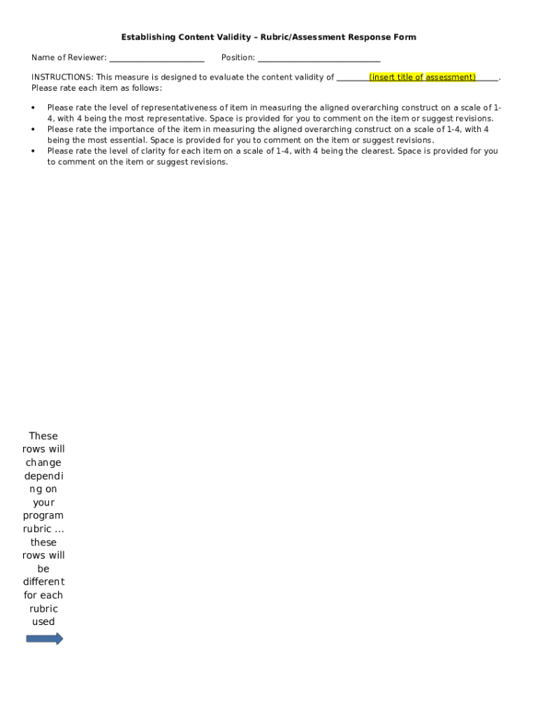 Content Validity Rubric Assessment Form - Blank Fillable Template ...