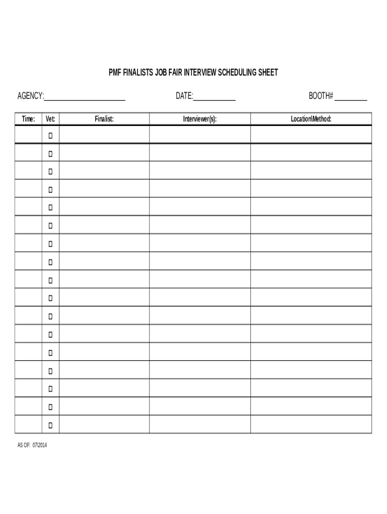 PMF HIRING FAIR INTERVIEW SCHEDULING SHEET AGENCY Doc Template | pdfFiller