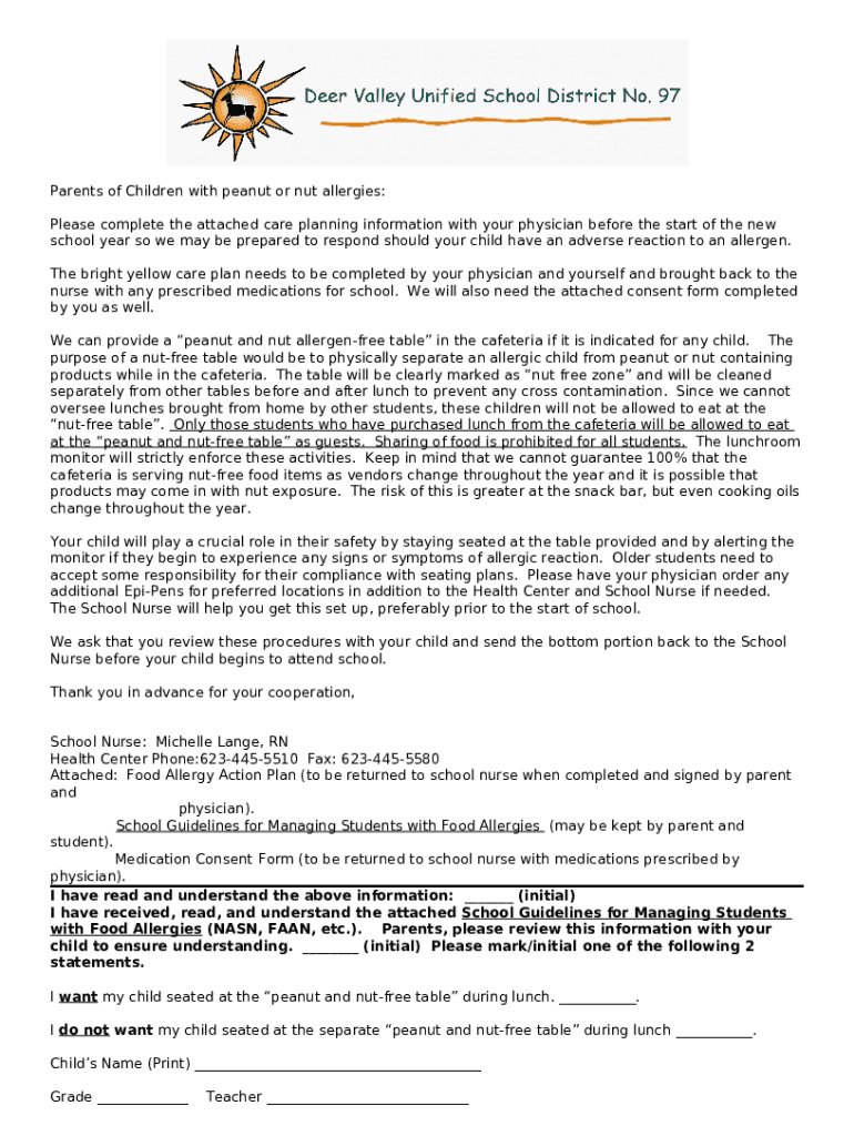 Peanut/Nut Free Table Doc Template | pdfFiller