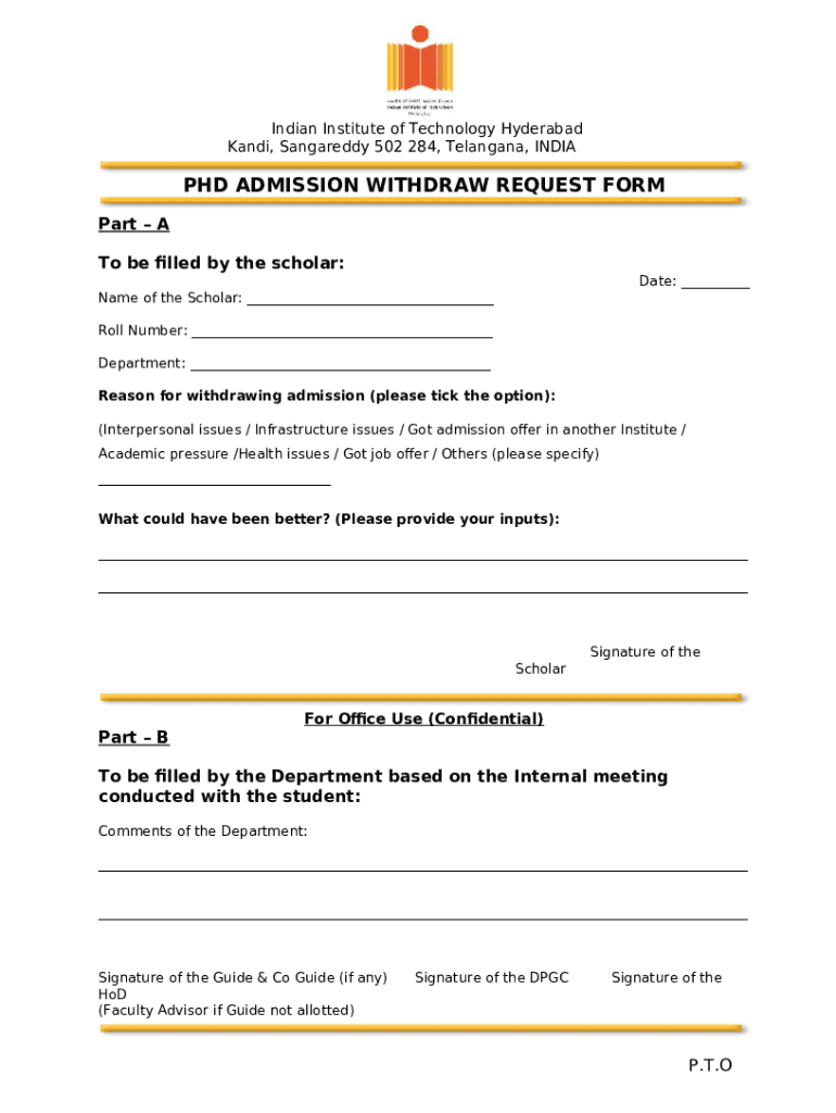 phd admission withdraw request - iith ac Doc Template | pdfFiller