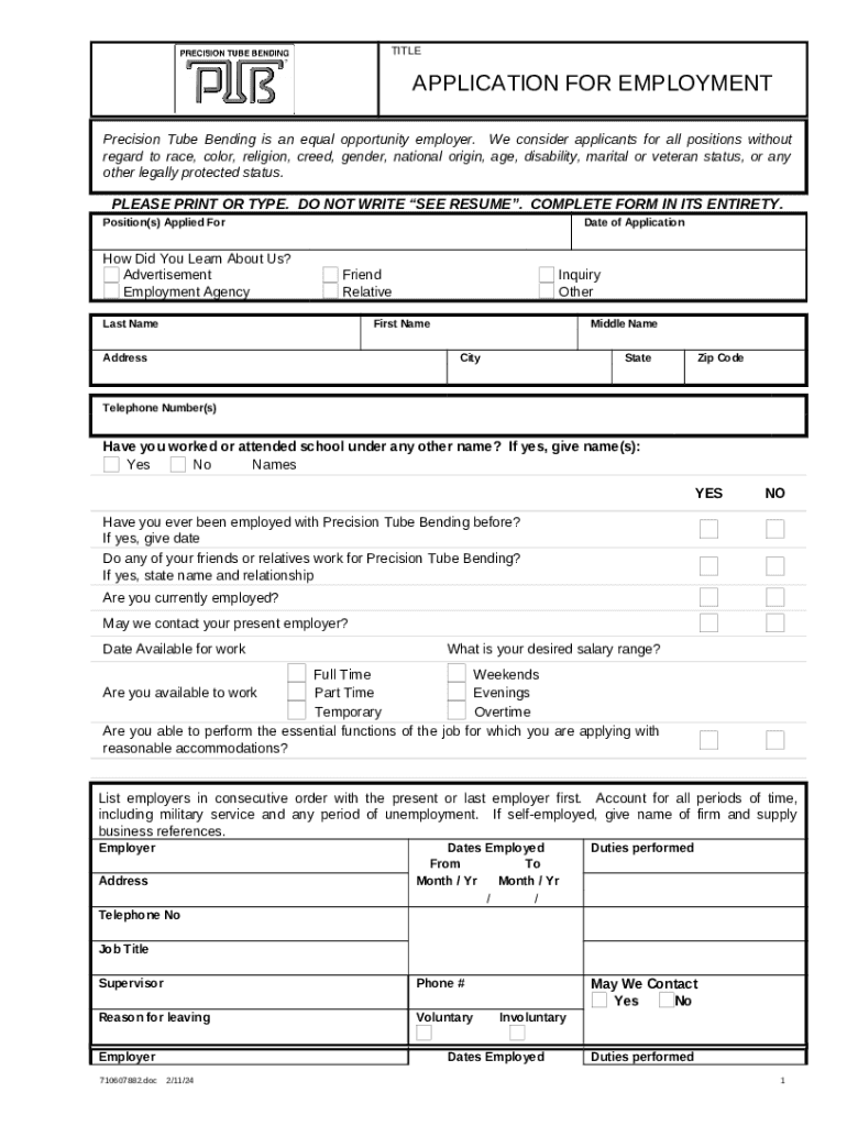 Job Application for Tube Bender at SpaceX Doc Template | pdfFiller