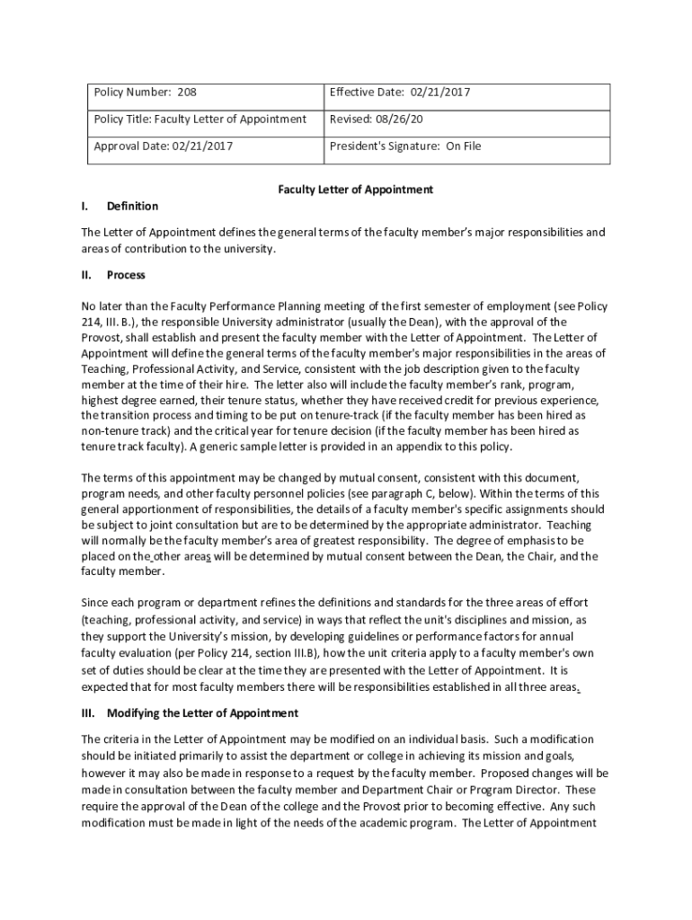 Fillable Online Faculty Letter of Appointment Revised: 08/26/20 ...