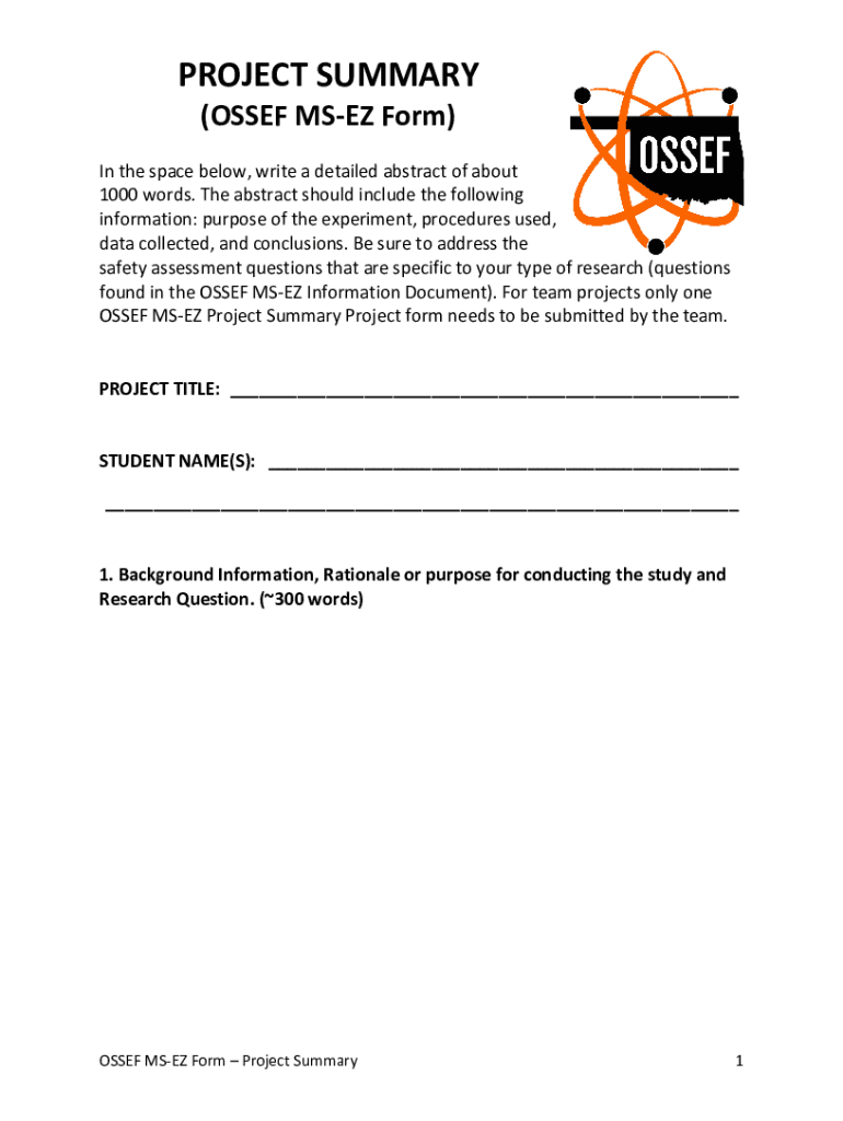 Fillable Online PROJECT SUMMARY - (OSSEF MS-EZ Form) Fax Email Print ...