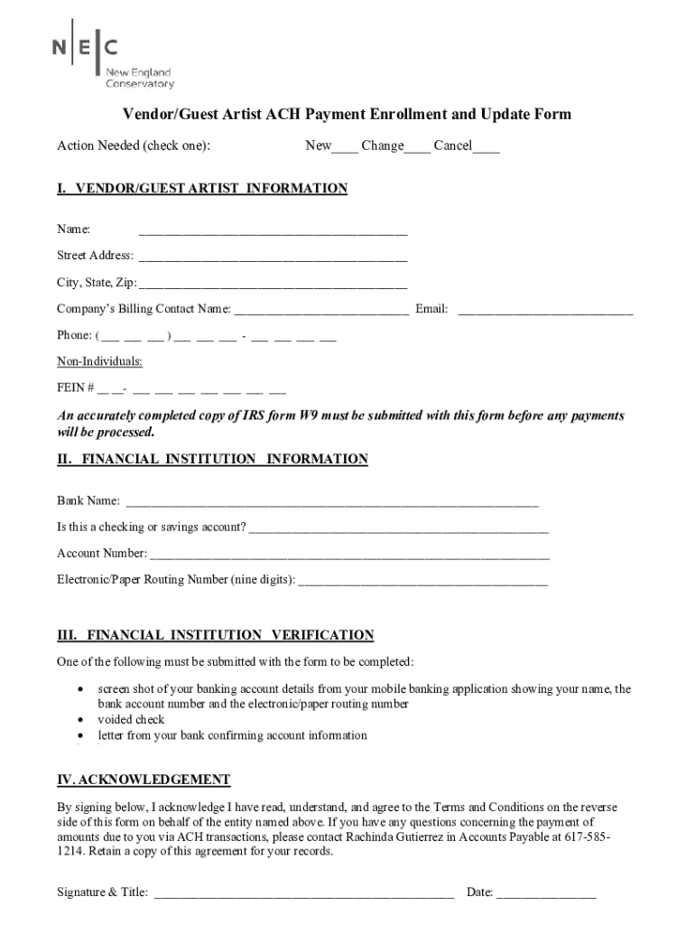 Fillable Online Vendor/Guest Artist ACH Payment Enrollment and Update ...