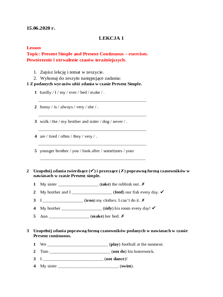 Unit 1 - Exercise 1 - Present simple and continuous Doc Template | pdfFiller