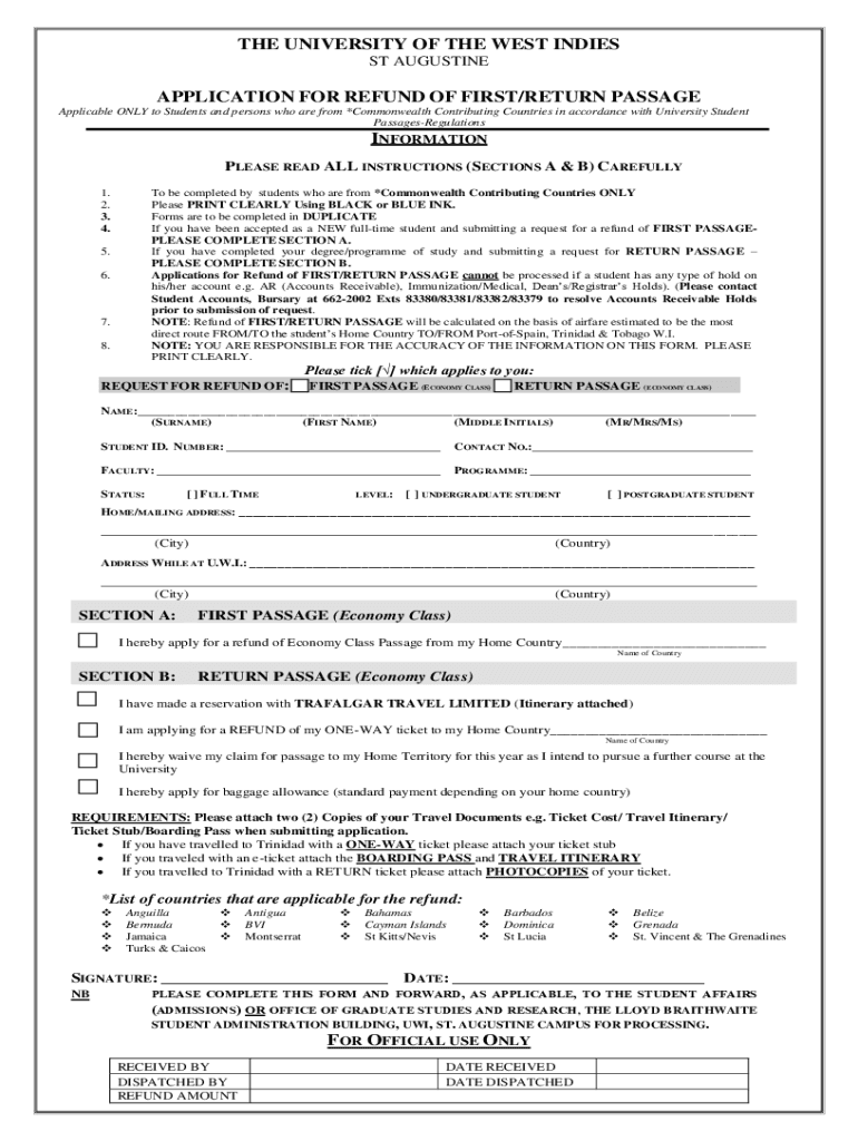 Fillable Online sta uwi First Year Students-Apply for your first passage refund today! Fax Email ...