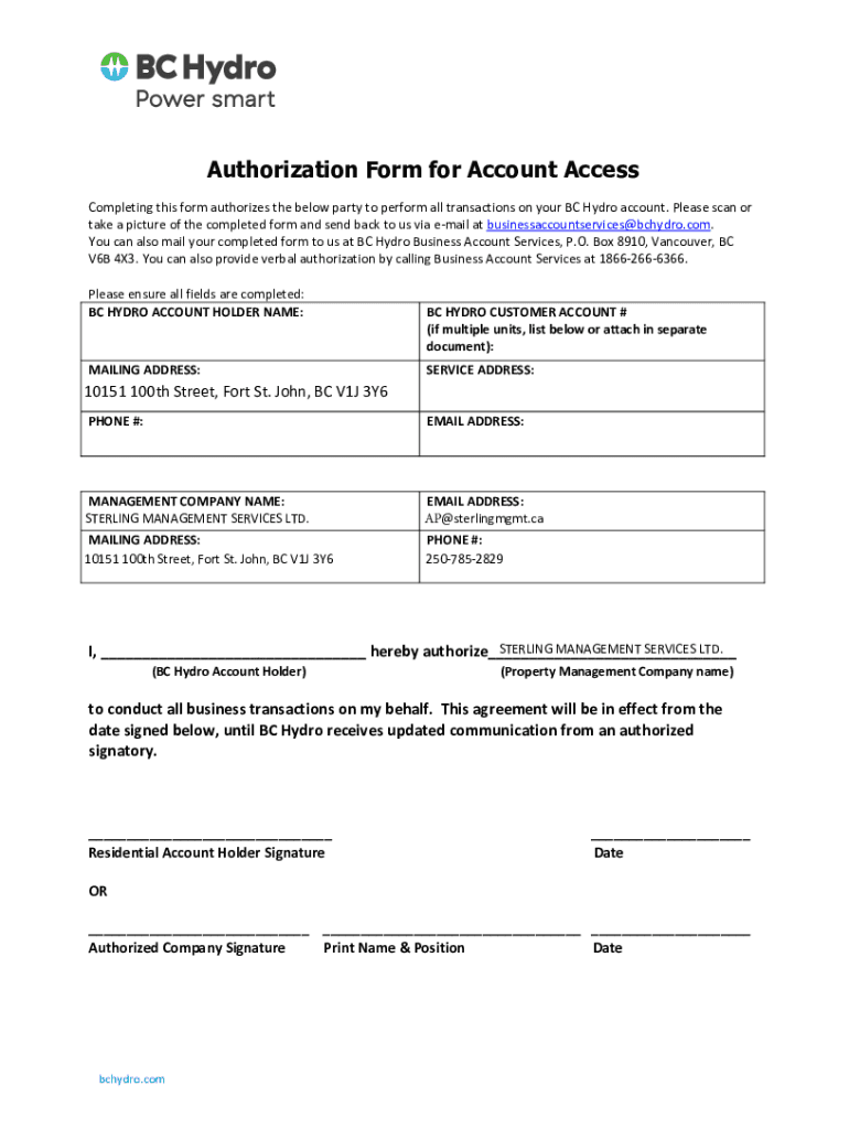 Fillable Online Authorization Form for Account Access - Sterling Management Fax Email Print ...