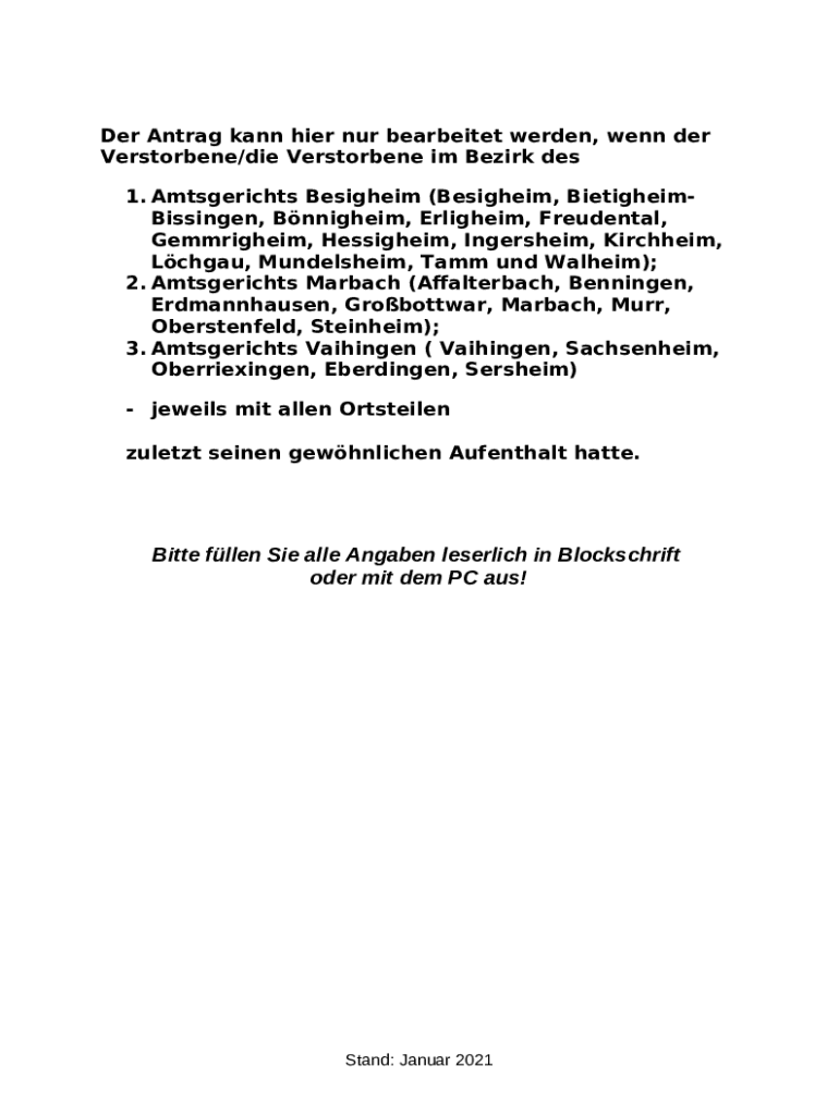 Antrag auf Erteilung eines Erbscheins Doc Template | pdfFiller