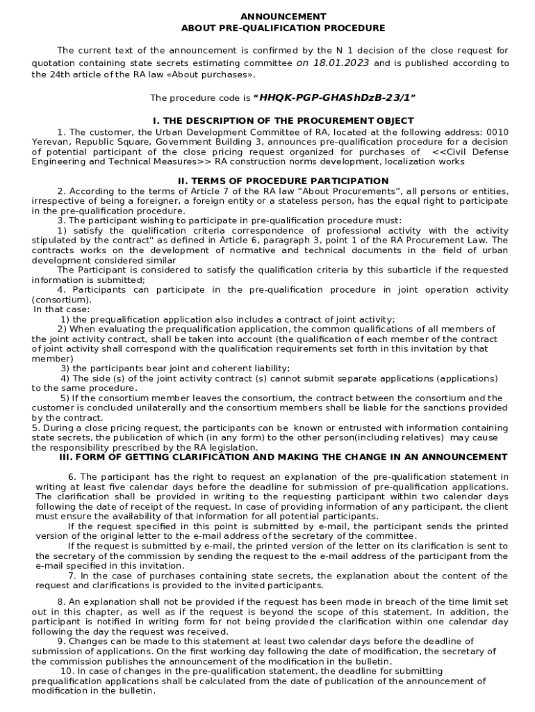 ABOUT PRE-QUALIFICATION PROCEDURE Doc Template | pdfFiller