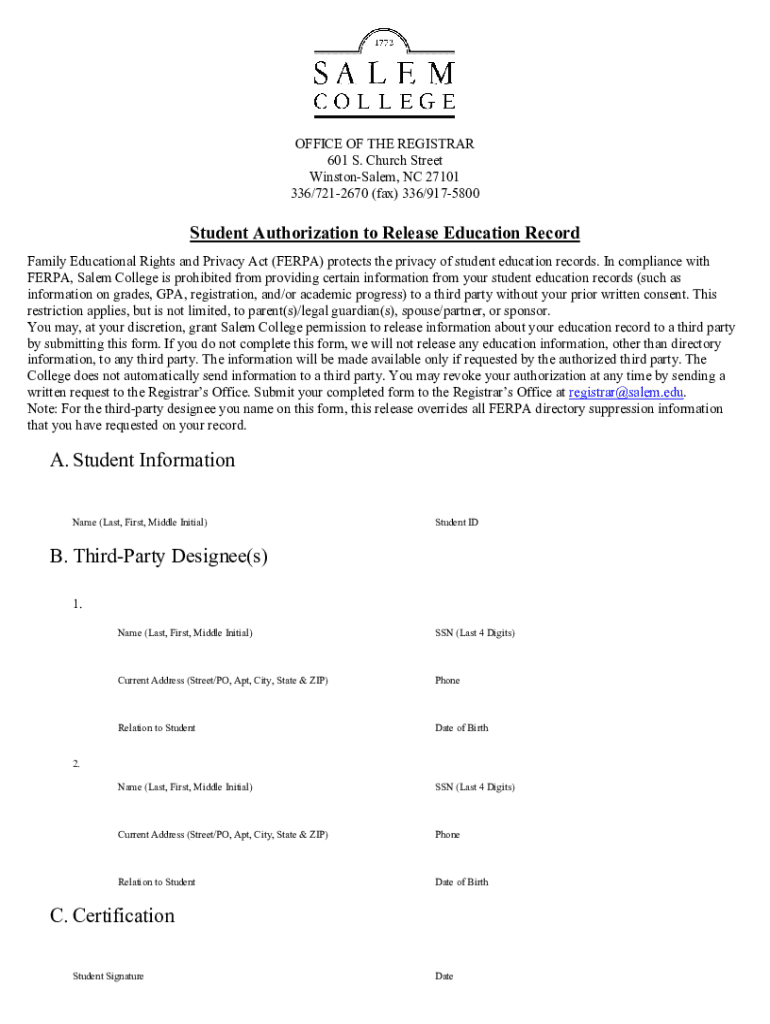 Fillable Online Student Authorization to Release Education Record Fax ...