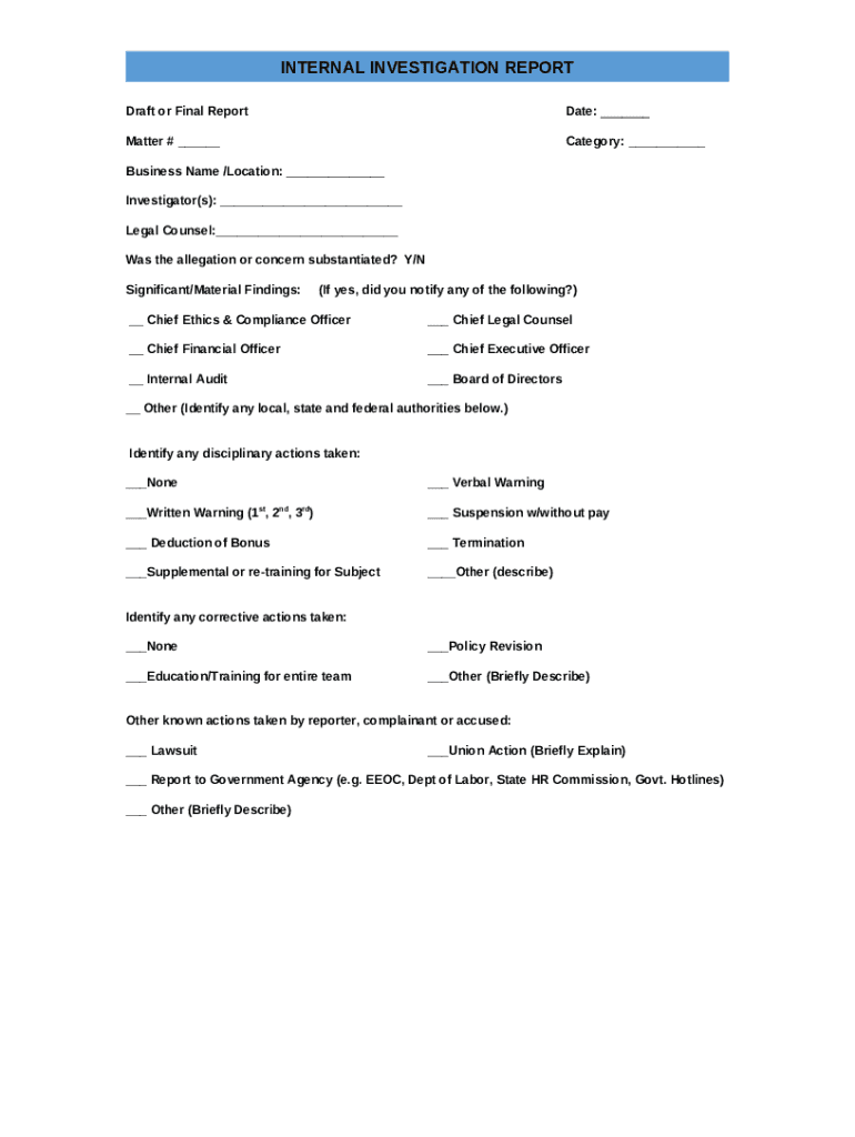 Generic Internal Investigation Report Teplate. Report Doc Template ...