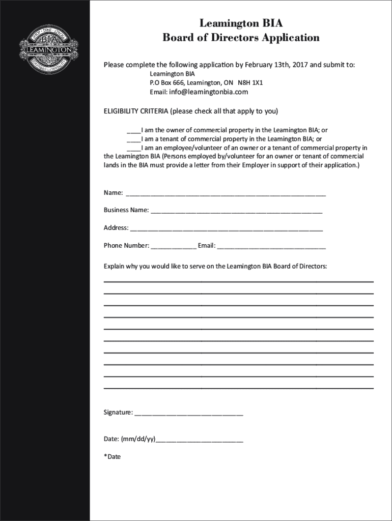 Fillable Online NEW BIA Executive Board Member APPLICATION.cdr Fax ...