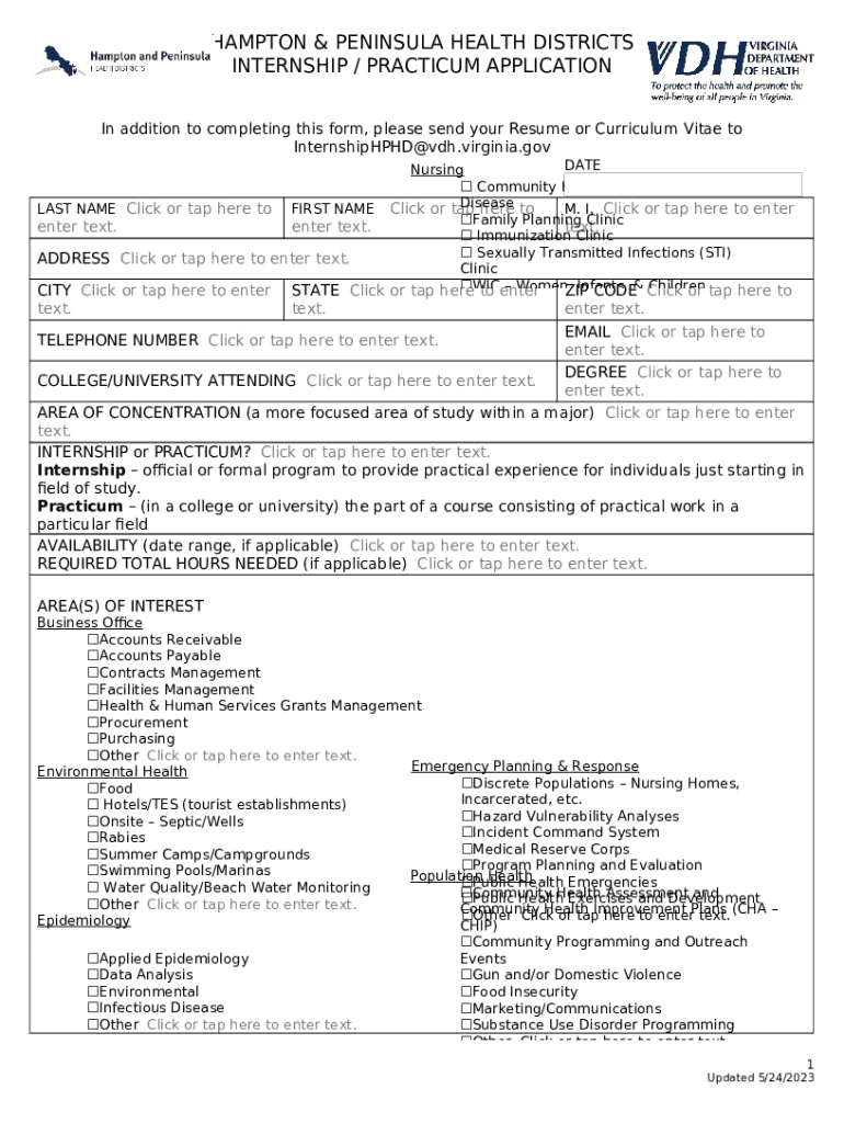 Internship/Practicum Application - Virginia Department of Health Doc Template | pdfFiller