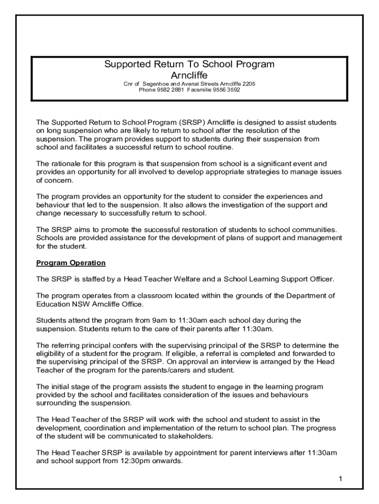 Fillable Online Supported Return To School Program Arncliffe Fax Email ...