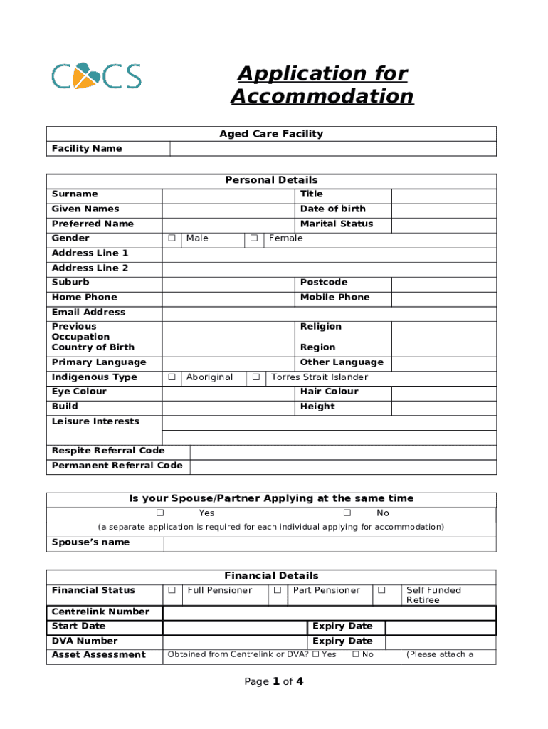 Aged Care Facility Application Form - Blank Fillable Template | Fill ...