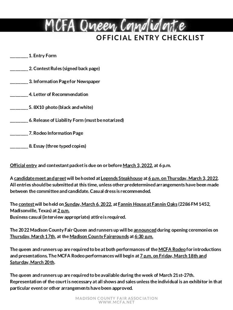 Fillable Online OFFICIAL ENTRY CHECKLIST Fax Email Print - pdfFiller