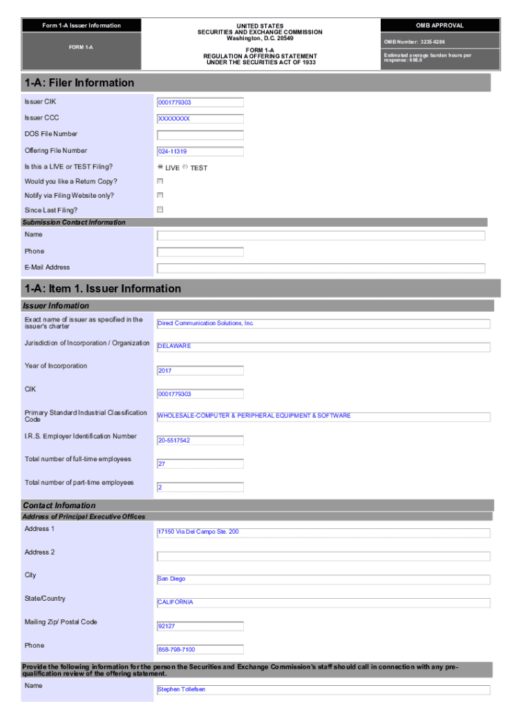 Fillable Online Form 1-A Offering Circular Requirements - Regulation A ...