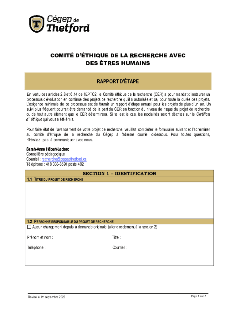 Remplissable En Ligne Comits d'thique de la recherche avec des tres humains de ... Fax Email ...