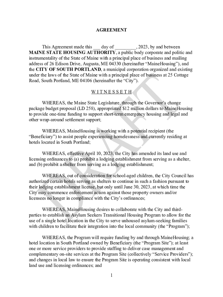 Fillable Online Agreement - MaineHousing - City - Transitional Housing ...