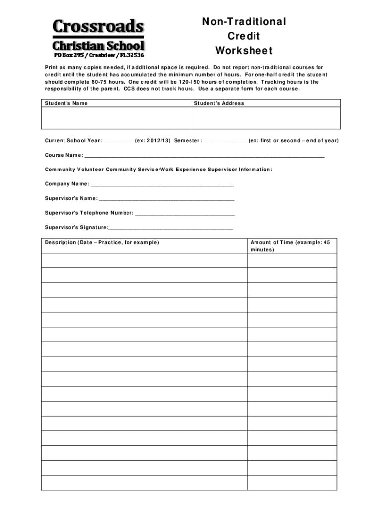 Fillable Online Non-Traditional Credit Worksheet - Crossroads Christian ...