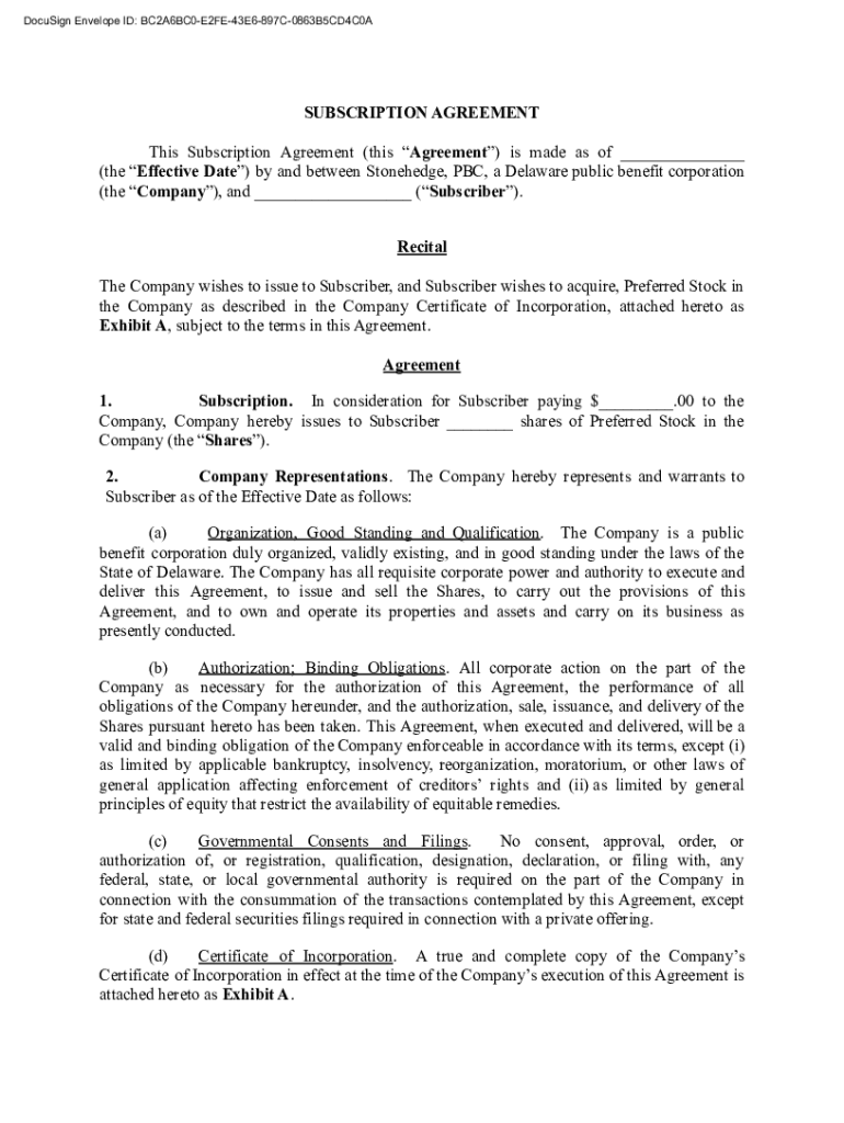 Fillable Online This Subscription Agreement (this Agreement) is made as ...