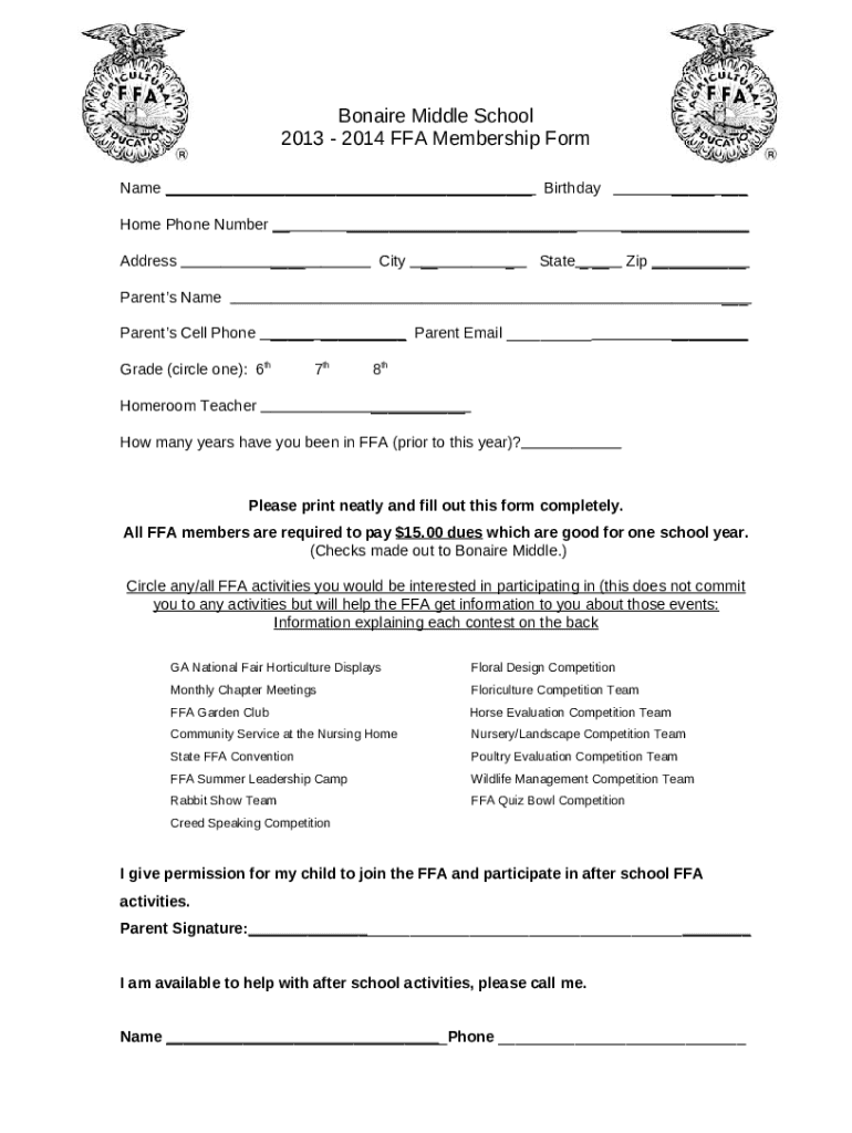 Bonaire Middle School 2021 - 2022 FFA Membership Doc Template | pdfFiller