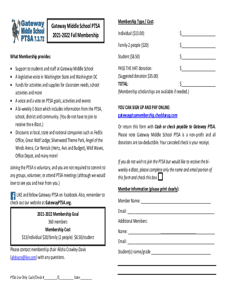 Fillable Online Gateway Middle School PTSA 2021-2022 Fall Membership Drive Fax Email Print ...