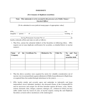 Fillable Online FORM B INDEMNITY-For issuance of duplicate securities ...