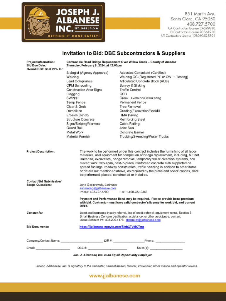 Fillable Online Invitation to Bid: DBE Subcontractors & Suppliers Fax ...