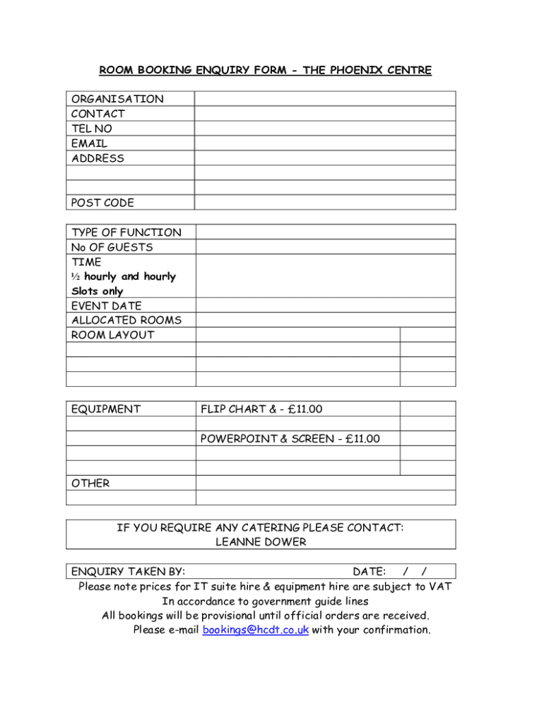 Fillable Online ROOM BOOKING ENQUIRY FORM - THE PHOENIX CENTRE Fax ...