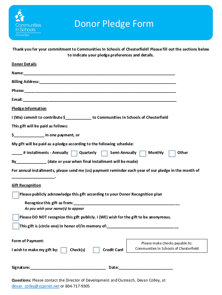 Fillable Online Donor Pledge Form - Communities in Schools of ...