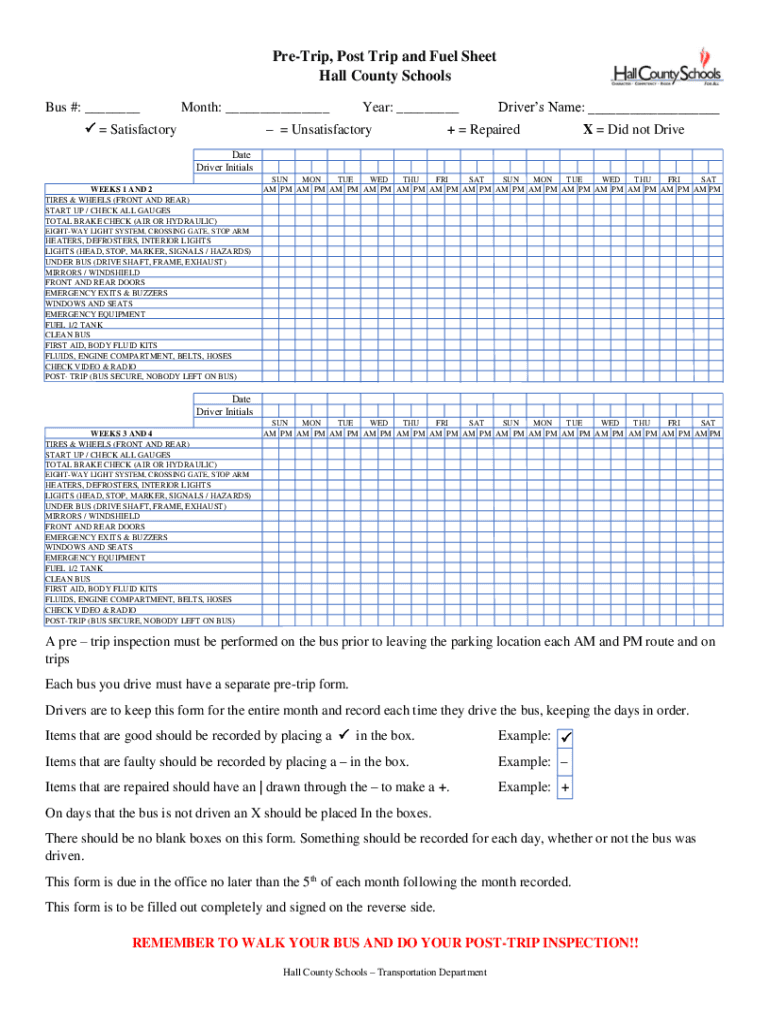 Fillable Online Pre-Trip, Post Trip and Fuel Sheet Hall County Schools ...