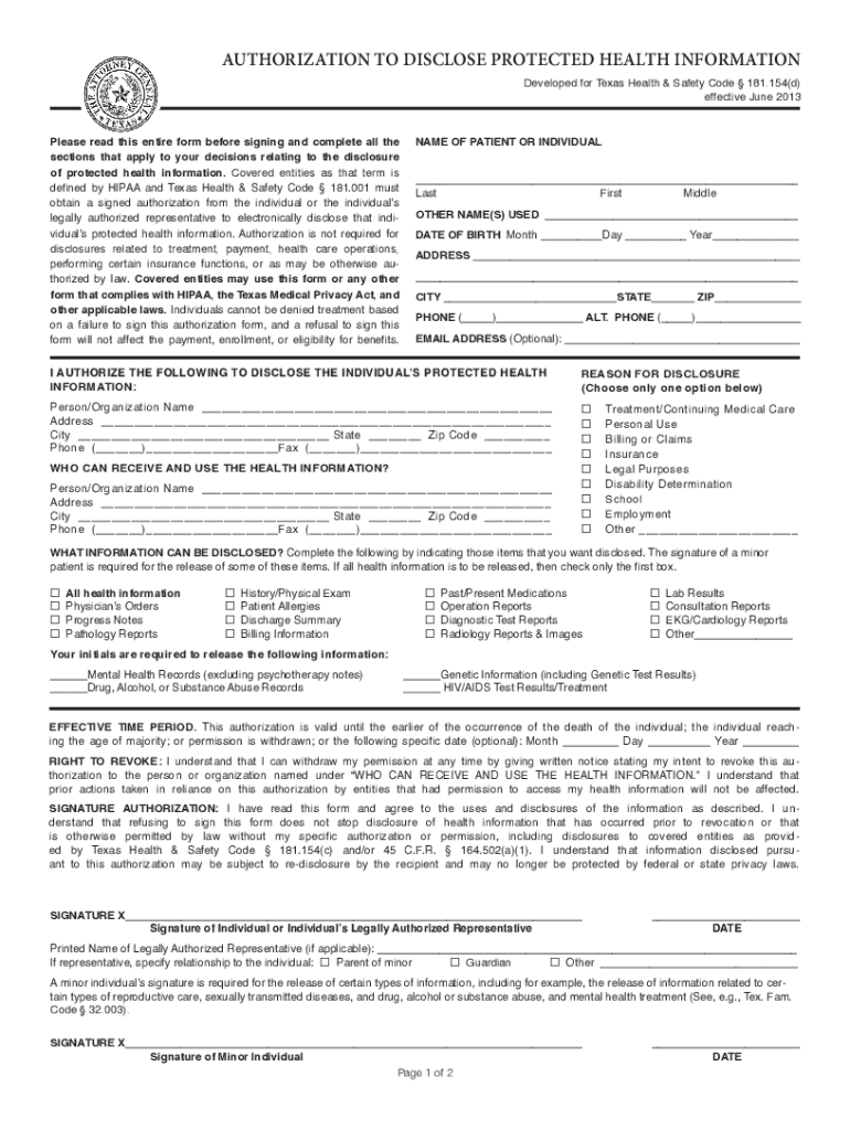 Fillable Online Texas Authorization Health Form - Fill Online ...