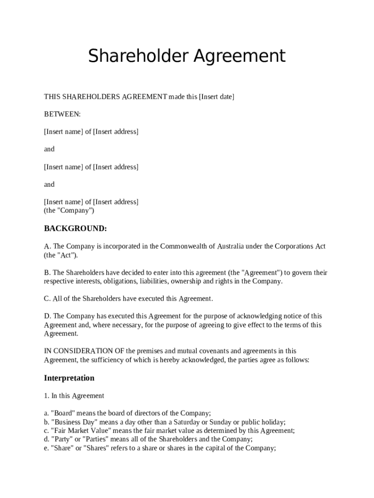 Shareholder's Agreement - Free contract templates Doc Template | pdfFiller