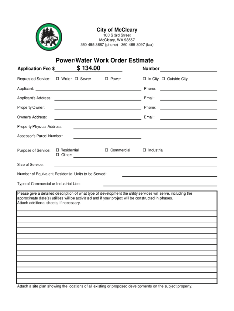 Fillable Online Power/Water Work Order Estimate 134.00 $ - City of McCleary Fax Email Print ...