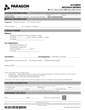 Fillable Online Elfabrio Infusion Therapy & Treatment Fax Email Print - pdfFiller