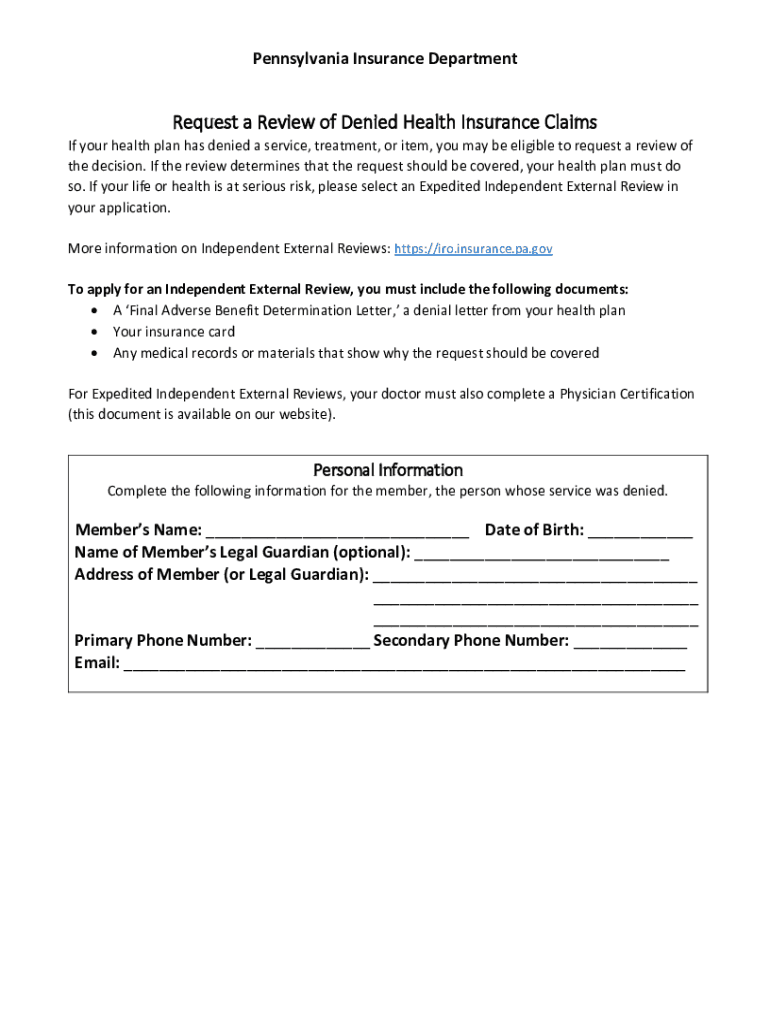 Fillable Online Request a Review of Denied Health Insurance Claims Fax Email Print - pdfFiller
