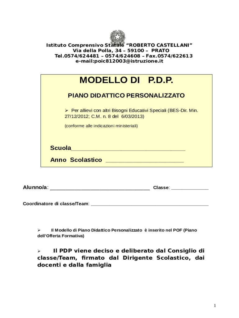 Modello di Piano Didattico Personalizzato per alunni con Bisogni Educativi Speciali (BES) Doc ...