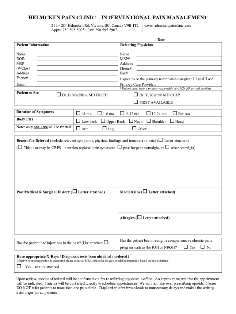 Fillable Online Helmcken Pain ClinicInterventional Pain Management Fax ...