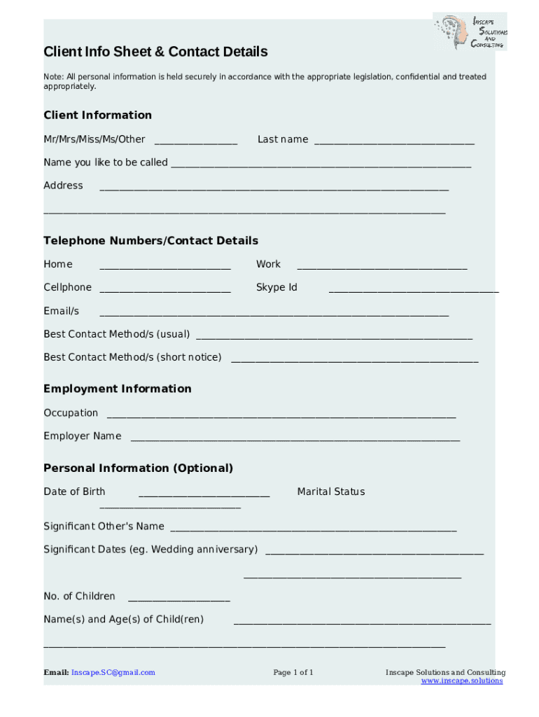 Client Ination Fact Sheet - Inscape Solutions Doc Template | pdfFiller