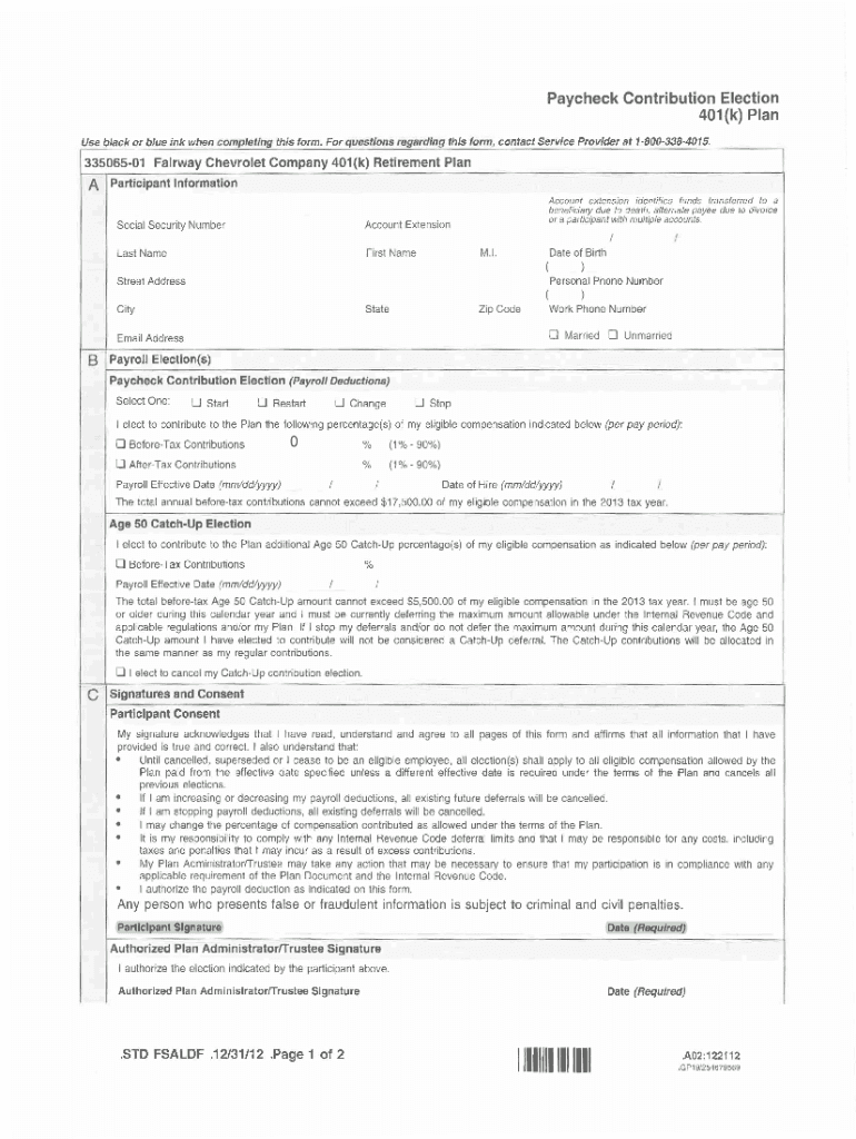 Fillable Online Quick Paycheck Contribution Election 401(k) Plan Fax ...