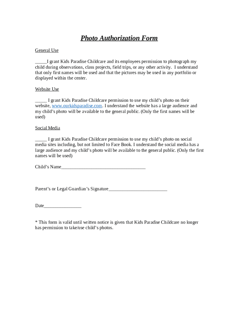 Photography Consent - Sunflower Child Daycare Doc Template | pdfFiller