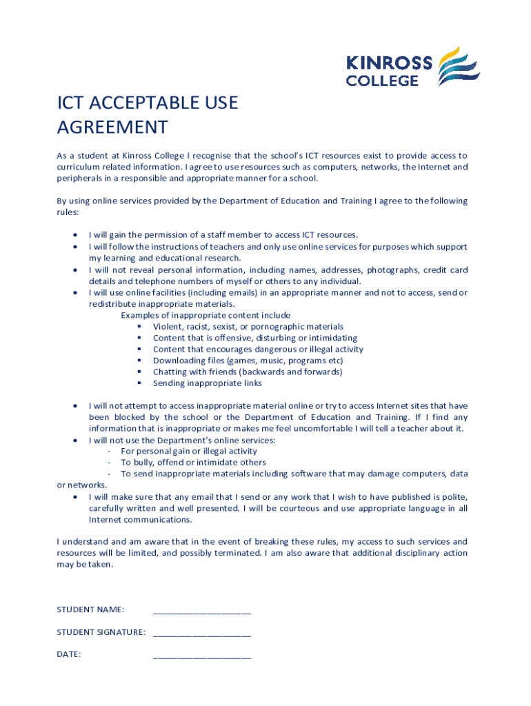 Fillable Online kinrosscollege wa edu Acceptable Use Agreement for ...